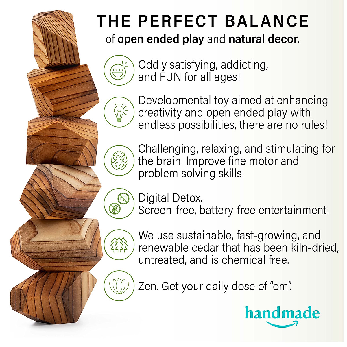 PERCHED Natural Cedar Stacking Rocks, Large Wooden Blocks, Montessori Puzzle Game, Toddler Toys For Classroom, Wood Balancing Stones Set (6 Pc)