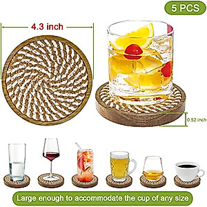 Eykao 5 Pack Coasters for Drinks Absorbent, 4.3 inches Woven Coasters for Coffee Tables, Wooden Drink Coasters for Table Protection, Reusable Drink Coasters for Kitchen, Farmhouse, Bar, Office, Brown