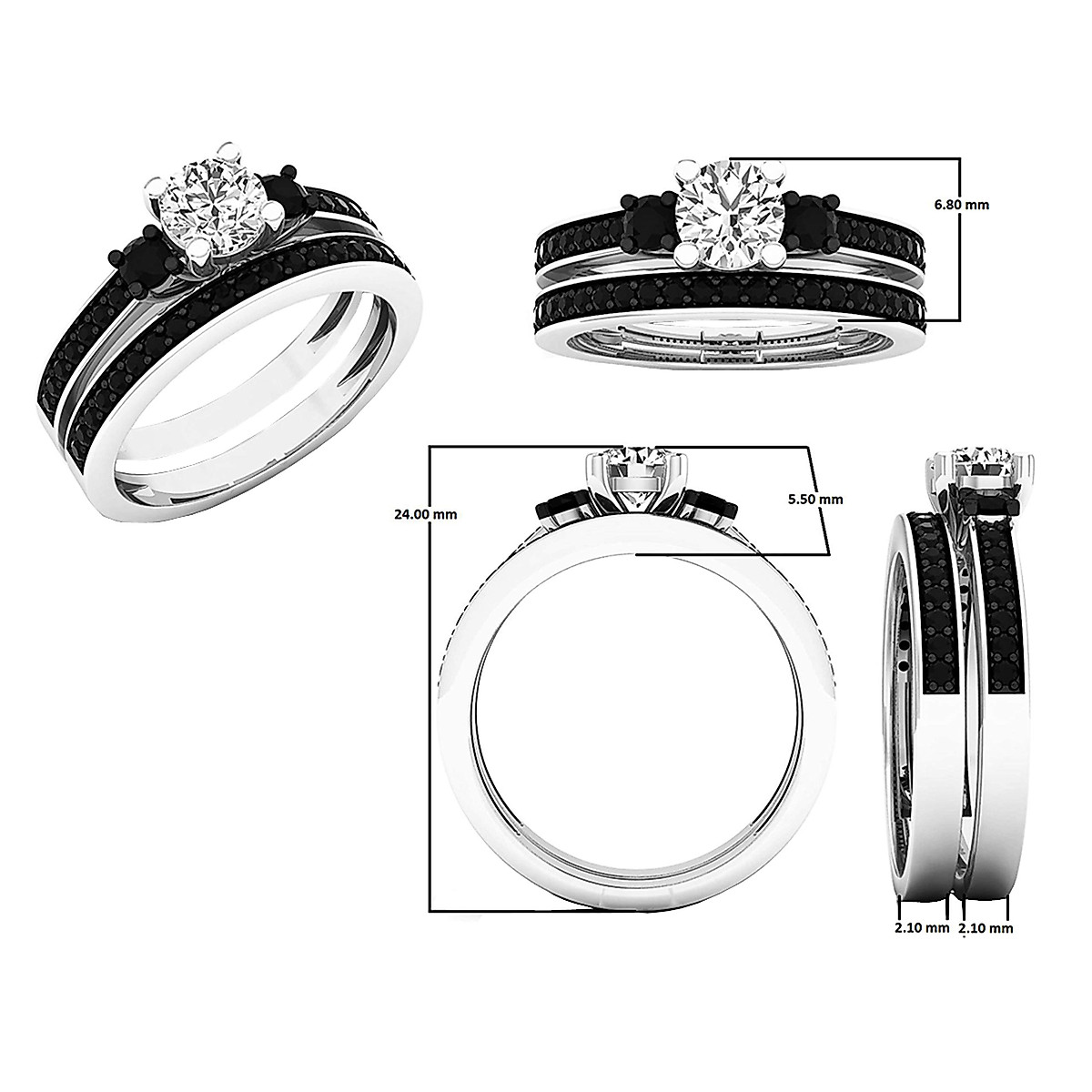Dazzlingrock Collection 5 mm Round White Sapphire & Black Diamond 3 Stone Ring Set in 925 Sterling Silver Size 7