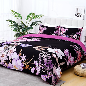 ASPMIZ 3 Piece Floral Duvet Cover Queen Set - Soft Double Brushed Boho Flower Queen Duvet Cover with Zipper Closure, Purple Comforter Cover Set, 1 Duvet Cover 90 x 90 inches and 2 Pillow Shams, Black
