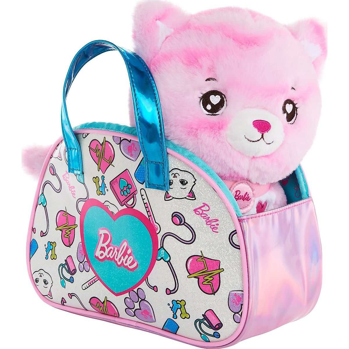 Barbie Stuffed Animals, Pink Kitten with Vet-Themed Purse Playset and 6 Accessories, Plush with Lights and Sounds, Doctor Pet Adventure