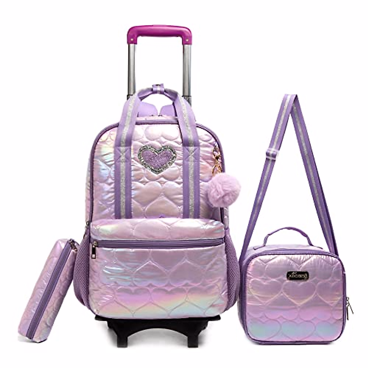 ZBAOGTW Rolling Backpack for Girls School Backpack with Wheels Kids Roller Backpack with Lunch Bag for Elementary School