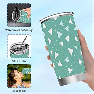 Green Cute Triangle Stainless Steel mugs for hot and cold with Straw Leak Resistant Flip travel mug for Water, Iced Tea or Coffee reusable insulated tumbler 20 OZ