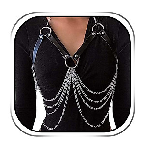 Reetan Punk Layered Chest Chains Silver Leather Body Chains Ring Rave Party Nightclub Body Jewelry Accessories for Women