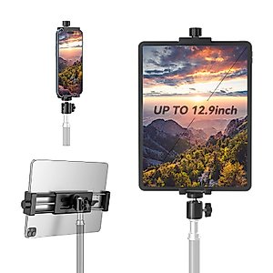 KDD iPad Tripod Mount Adapter with Ball Head, Fully Metal iPad Holder for Tripod, Phone Tablet Mount Stand Compatible with iPad Pro 12.9, iPad Air 2 3 4, iPad Mini, Galaxy Tab, iPhone (4-15”)