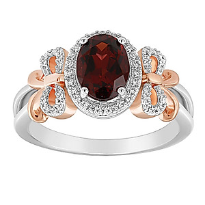 Jewelili Enchanted Disney Fine Jewelry 14K Rose Gold Over Sterling Silver 8x6 MM Oval Shape Red Garnet and 1/6 Cttw Natural White Round Diamonds Snow White Bow Ring Size 8