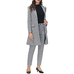 MODFUL Women's 2 Piece Long Blazer with Pants Set Small Plaid Elegant Suit Set for Casual Business Office(Grey,Medium)