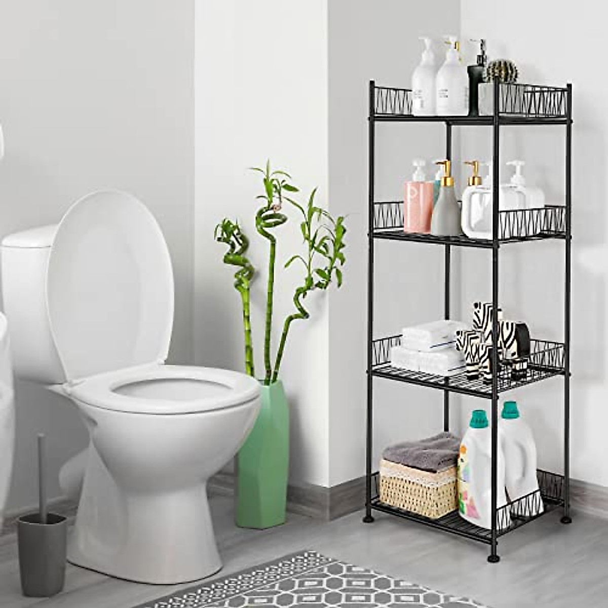 OYEAL Bathroom Shelves Freestanding Bathroom Towel Storage 4 Tier Wire Shelving Unit with Guard Bathroom Shelf Organizer Standing for Pantry Kitchen Laundry Room Organization, Black