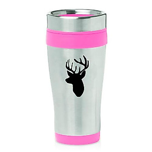 16oz Insulated Stainless Steel Travel Mug Coffee Mug Tumbler Deer Head with Antlers Hunting (Pink)