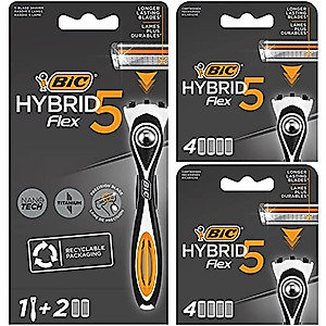BIC Hybrid 5 Flex Refillable Men's Razor, 1 Weighted Handle and 10 Nano-Tech Titanium 5-Blade Refills with Precision Blade - Bundle of 1+10 Multicolor