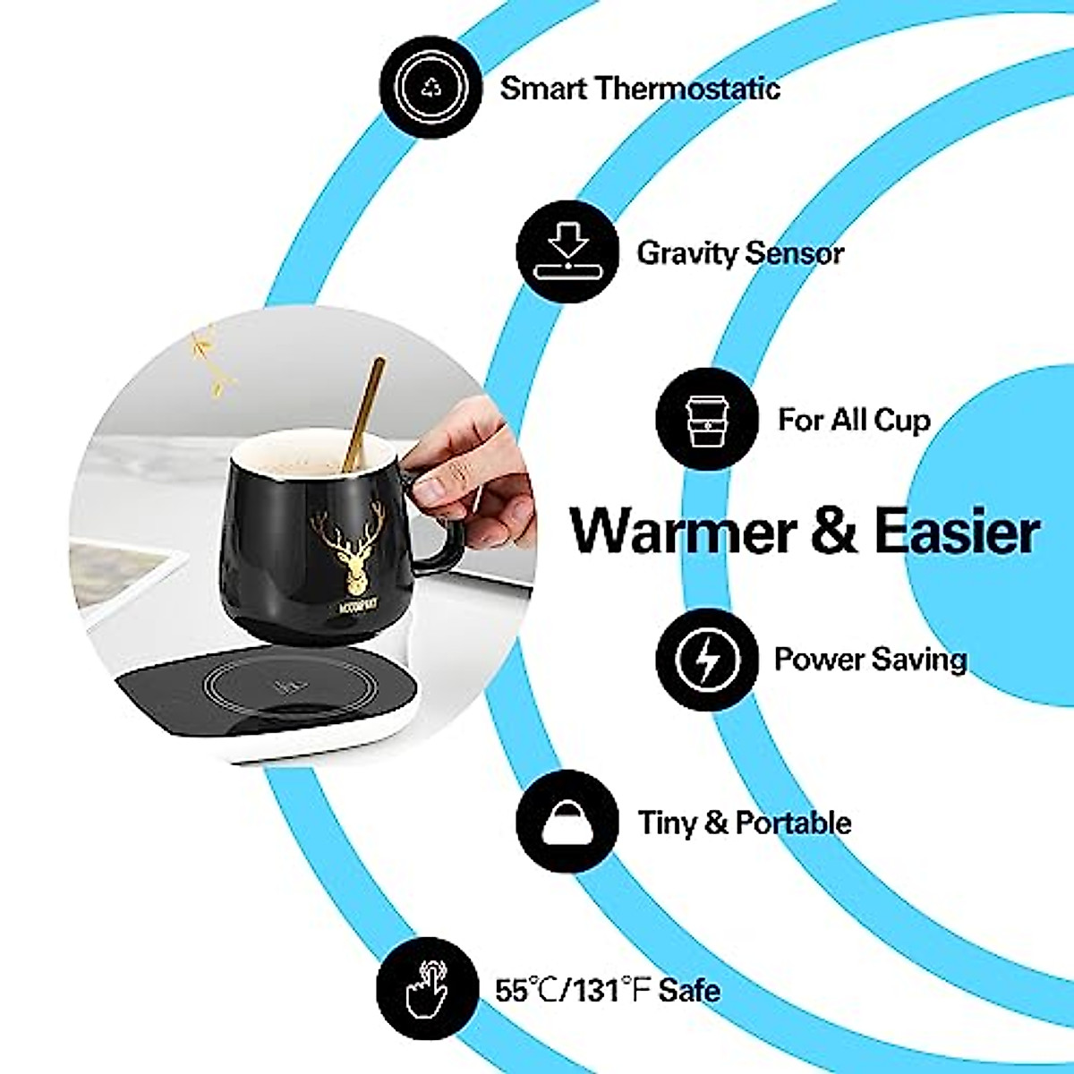ZIHHO Coffee Mug Warmer, Black Cup Warmer Tea Milk Water Beverage Drink Candle Warmer Electric Plate with Auto Shut Off Smart Temperature Heating Control at 131℉/55℃ for Desk Office Home Use as Gift