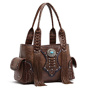 Western Handbag - Classic Concho Embossed Concealed Carry Shoulder Bag with Fringe