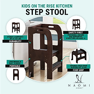 Stylish Kids On The Rise Kitchen Step Stool, Wooden Toddler Standing Tower with Safety Non-Slip Mat - Perfect for Kitchen Countertops, Ideal Kids Helper Learning Step Stool for Ages 3+ Espresso