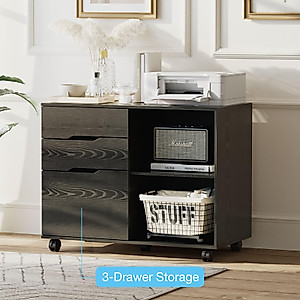 OLIXIS 3 Drawer Wood File Cabinet Small Mobile Lateral Printer Stand Storage with Open Shelf Shelves for Home Office
