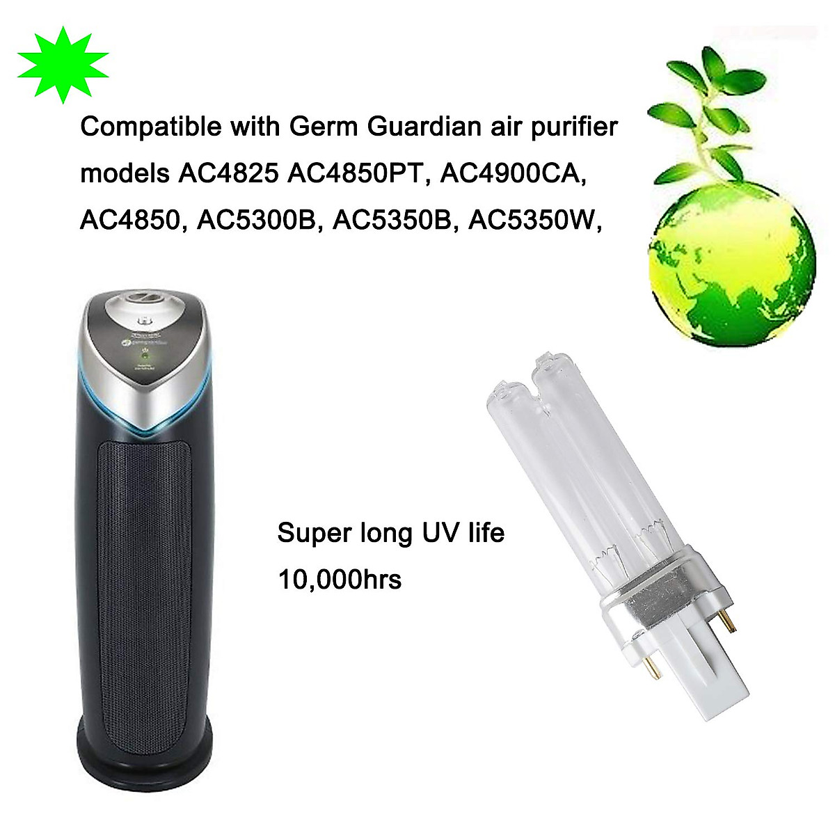 LB4000 Replacement Bulb Compatible with Germ Guardian AC4825 AC4850PT AC4300BPTCA AC4300BPT AC4850 AC4900 AC4900CA AC4800 AC4900 Purifiers Replace 5W UV-C Bulb(2 Packs)