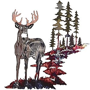 Forest Tree Deer Wall Art Metal Rustic Hunting Decor for Living Room Bedroom Bathroom Indoor Outdoor, 11.8 x 7.9 Inch (Bright Color)