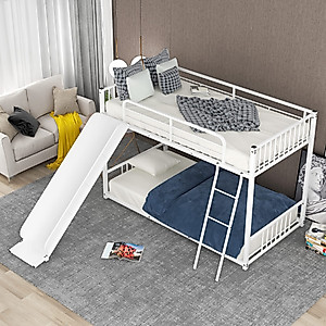 RUNWON Twin Over Twin Low Bunk Bed with Slide, Metal Floor Bedframe w/Easy Climp Ladders and Full Length Safety Guard Rails for Kids Bedroom