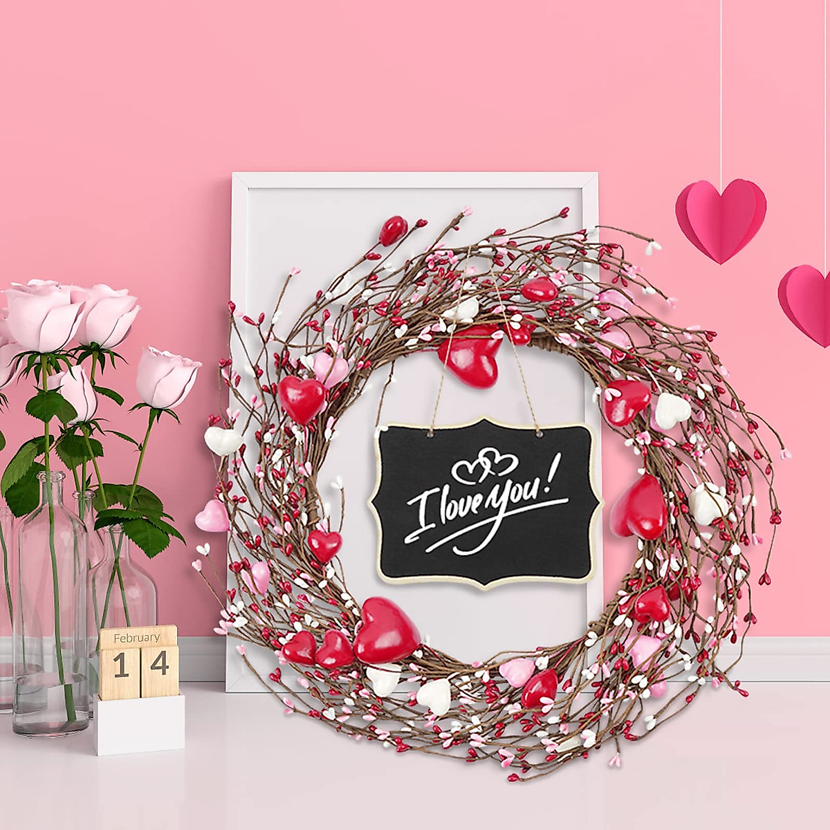 Mothers Day Decorations - 18'' Front Door Wreath, Heart Shaped Wreath Red Pip Berry Rustic Twig Wooden Sign Anniversary Wedding Home Office Wall Decorations (Red)