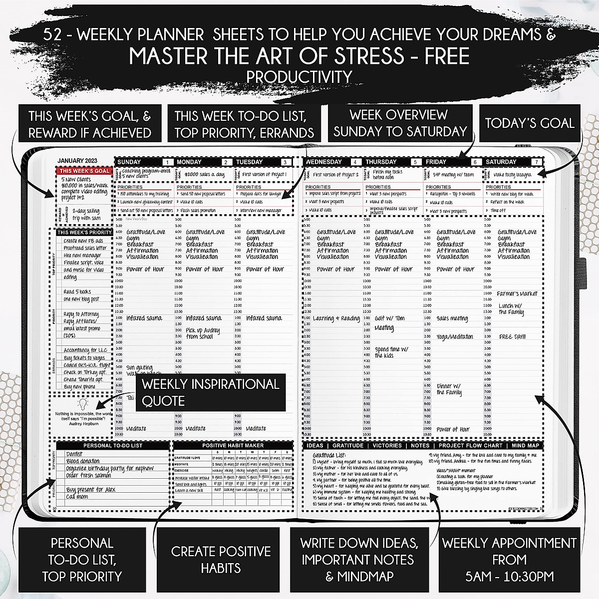 Law of Attraction Planner 2024 - Dated 2024 Planner, Hourly Planner, Daily Planner, Weekly Planner & Monthly Planner, Gratitude Journal, Positive Habit Maker, Vision Board, Stickers & Gift Box
