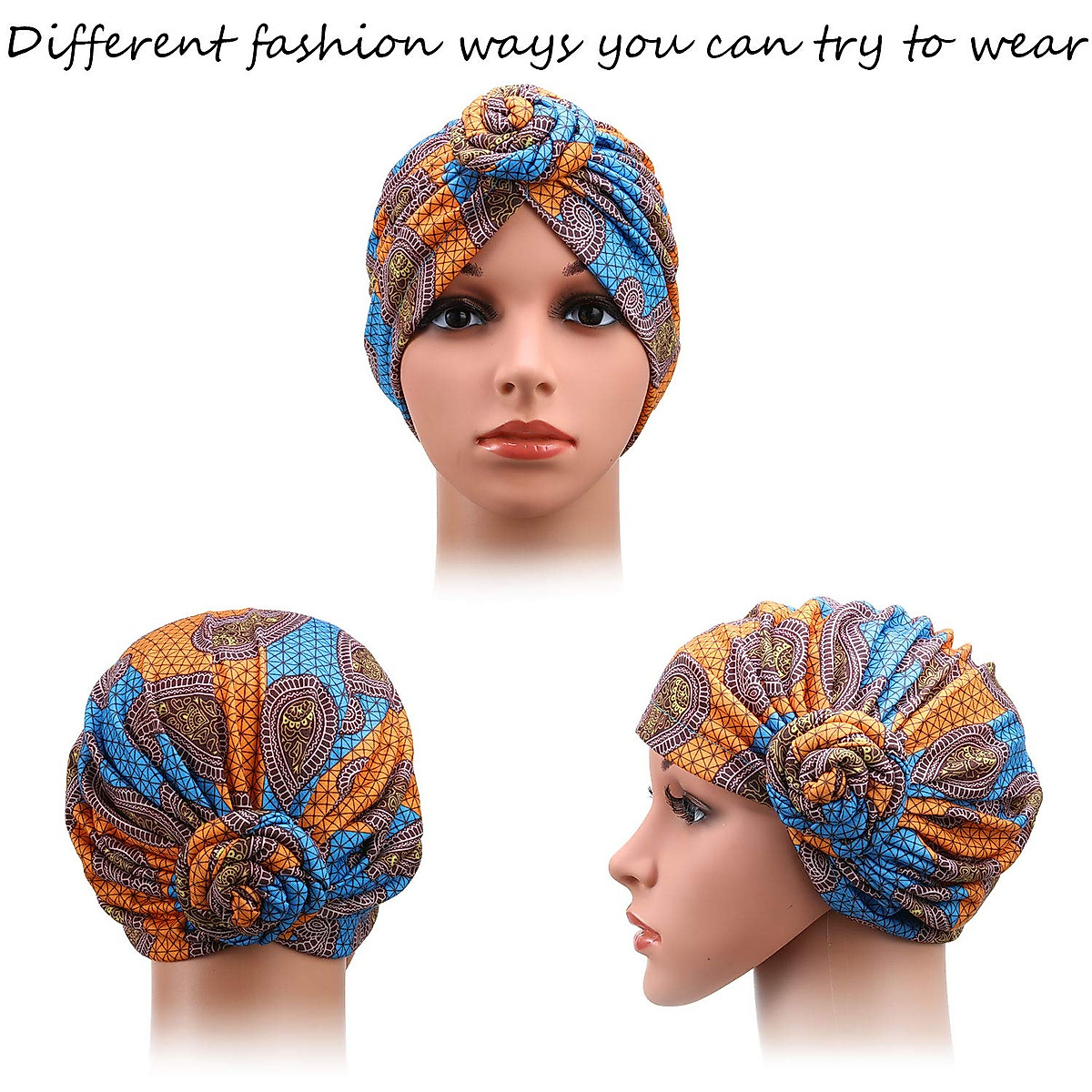 SATINIOR 4 Pieces African Pattern Headwrap Pre-Tied Bonnet Turban Knot Beanie (Flower) Multicoloured