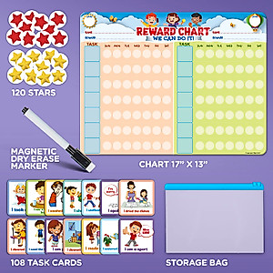 Chore Chart for Multiple Kids, Behavior Chart for Kids at Home, Dry Erase, and Magnetic Reward Chart for 2 Kids, Includes 54 Chores