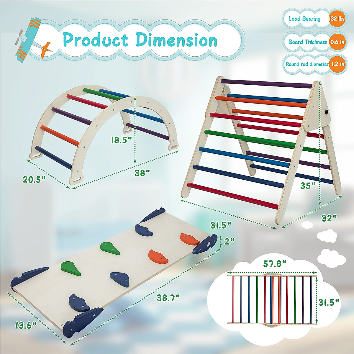 3 in 1 Foldable Triangle Ladder, Pikler Triangle Climber with Ramp, Sturdy Wooden Toddler Climbing Toys for Toddlers 1-3. with Climbing Triangle/Arch/ramp.Multicolour…