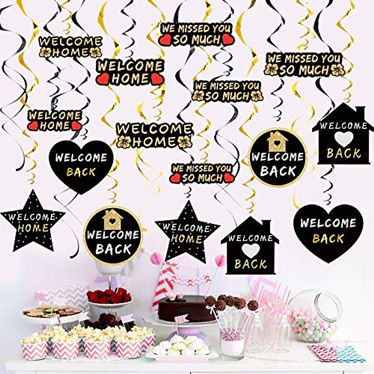 Lnlofen Welcome Home Party Hanging Swirls Decorations, 24Pcs Gold Home Welcoming Party Hanging Swirl Supplies, Homecoming Party Welcome Back Home Family Hanging Decor