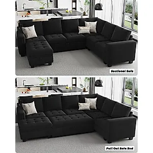Belffin Modular Sectional Sleeper Sofa with Pull Out Bed U Shaped Sectional Sofa Couch with Storage Ottoman Velvet Covertible 7-Seater Sofa for Living Room Black