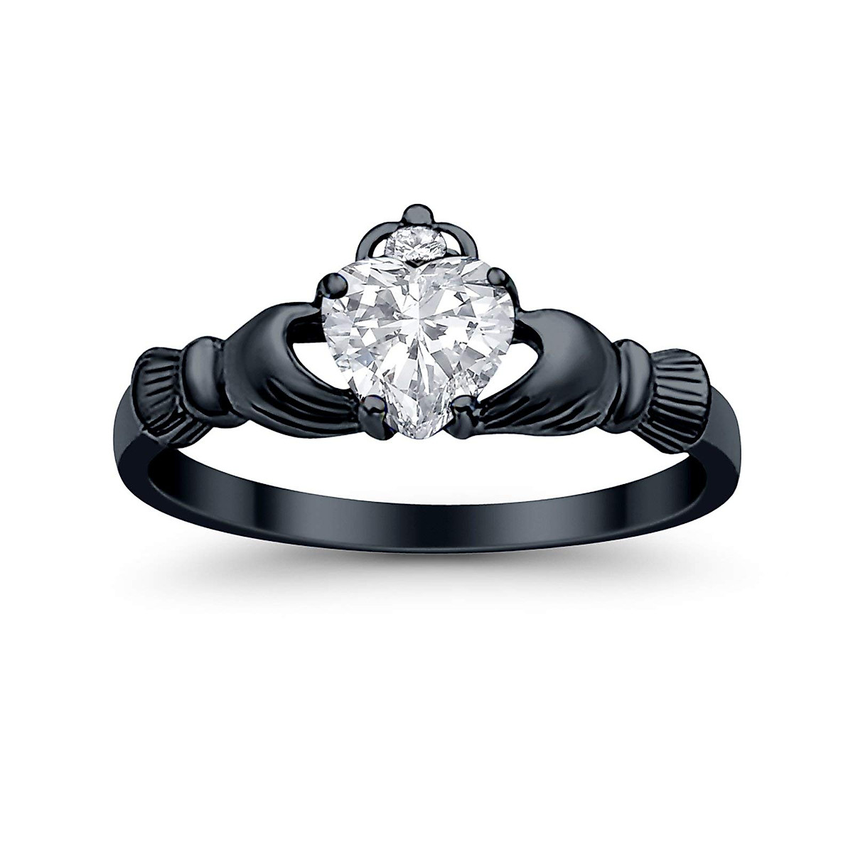 Blue Apple Co. Black Tone, Simulated Cubic Zirconia Size-6 Claddagh Accent Wedding Ring Heart Shape Round CZ 925 Sterling Silver