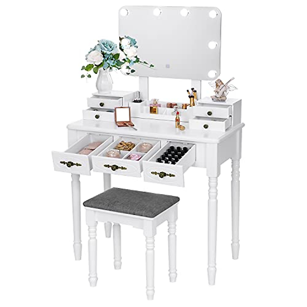 BEWISHOME Vanity Desk with Mirror and Lights, Makeup Vanity with Lights, Vanity Table with 8 LED Bulbs & 3 Colors Lighting, White Vanity Set with 7 Drawers & Stool, Dressing Table Makeup Desk FST13W