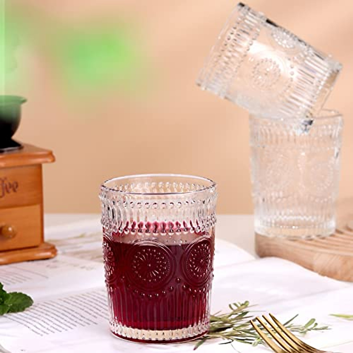 Amzcku Vintage Drinking Glass Set of 4, 10 oz - For Cocktails, Mixed Drinks, Whiskey, Beverage, Water, Milk and Juice…