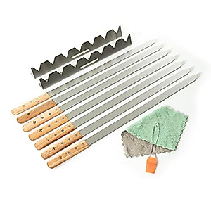 SETAMA Stainless Steel Kabob Skewers - Set of 7 - Flat 1 Inch Wide Blades - Rust Proof - 7 Piece Koobideh/Persian/Brazilian Kebab Skewer and Rack Set - With Basting Brush, Cloth & Storage Bags