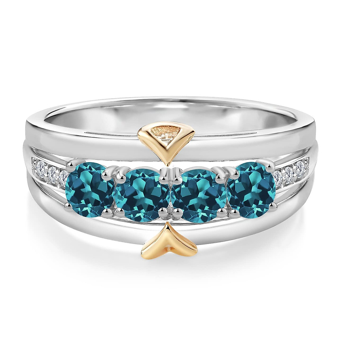 Gem Stone King 1.37 Ct Round London Blue Topaz 925 Silver and 10K Yellow Gold 4-Stone Lab Grown Diamond Band Ring (Size 9)