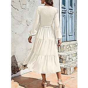 MEROKEETY Women's Long Sleeve Smocked Fall Dress A Line Tiered Midi Maxi Dress with Pockets,Beige,M