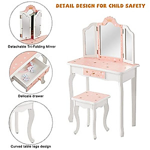 Nromant Kids Vanity Table and Chair Set, Girls Vanity Set with Mirror and Stool, Tri-Folding Mirror, Makeup Dressing Princess Table with Drawer, Kids Vanity Set with Mirror Age 4-9