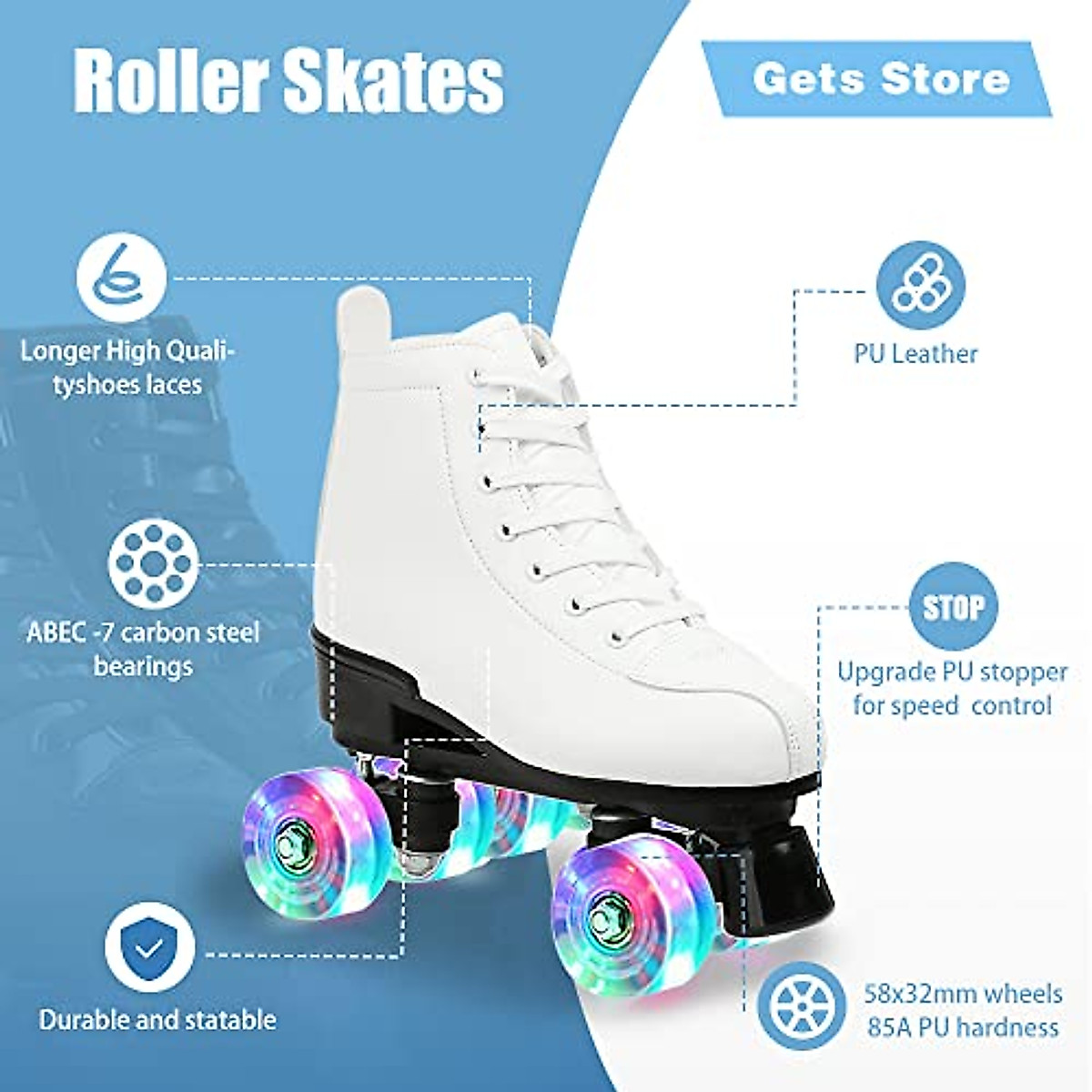 Gets Women's Roller Skates PU Leather High-top Roller Skates Four-Wheel Roller Skates Shiny Roller Skates for Girls Unisex (White Flash Wheel,US: 6)