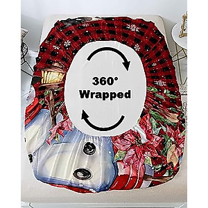 Full Size Fitted Sheet Bed Set Christmas Snowman Poinsettia Floral Deep Pocket Soft Bottom Sheets&Pillowcases for Bedroom Decor Black and Red Buffalo Plaid,Fits Mattress Up to 16" Deep