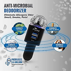 Car Air Purifier Premium Air Ionizer & Car Charger Accessory w/ Dual USB Ports - Quick Charge 3.0 - Eliminate Allergens Bad Odor Pet Smell Smoke Pollen Mold Bacteria Viruses PM2.5 & VOCs Deodorizer (Black)