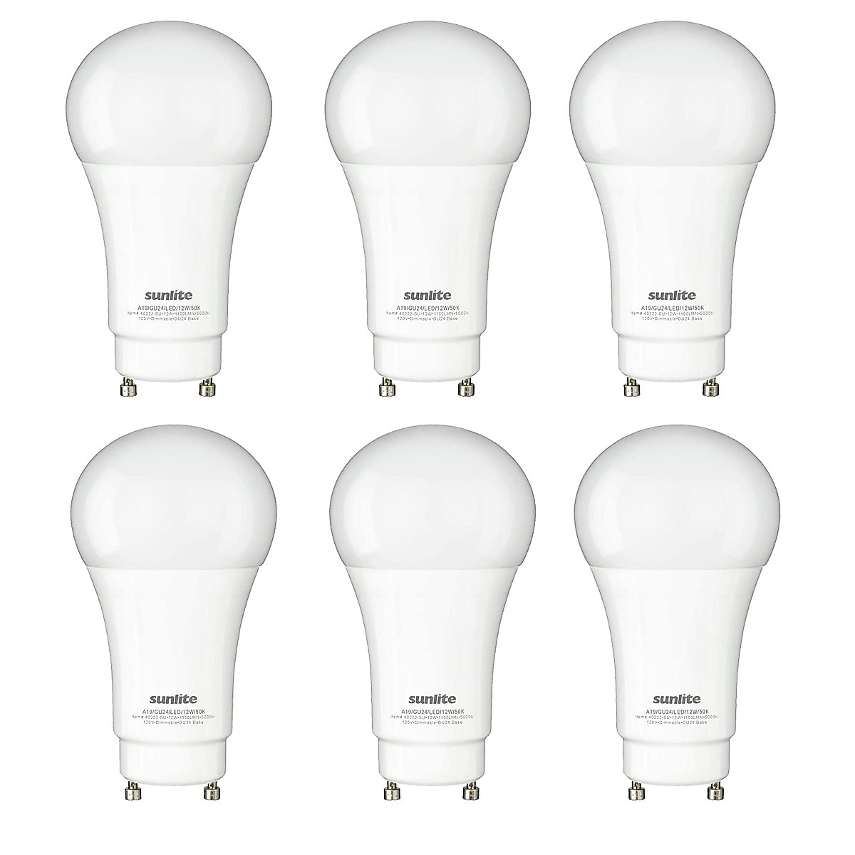 Sunlite A19 GU24 Dimmable Light Bulb, 11 Watts (75W Equivalent) 1100 Lumens, 2 Prong LED Twist and Lock Base, ETL Listed, Rated for Enclosed Fixtures, 5000K Daylight, 6 Pack
