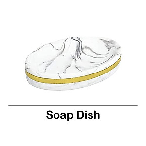 5-Piece Bathroom Counter Top Accessory Set - Dispenser for Liquid Soap or Lotion, Soap Dish, 2 Tumblers and Toothbrush Holder, Marble Pattern Resin (Classic White)