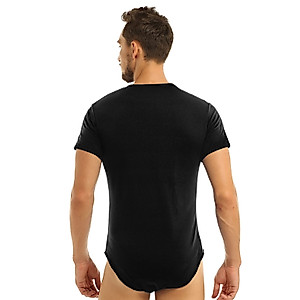 renvena Mens Press Button Crotch Shirt Bodysuit Short Sleeve Leotard Undershirt Romper Black 4X-Large