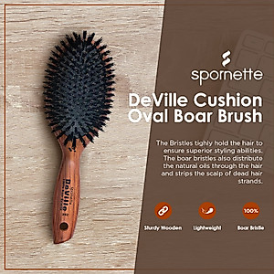 Spornette Deville Boar Bristle Wooden Paddle Hair Brush for Women - Cushion Oval Hair Straightening Brush for Blow Drying, Detangling, Smoothing & Styling