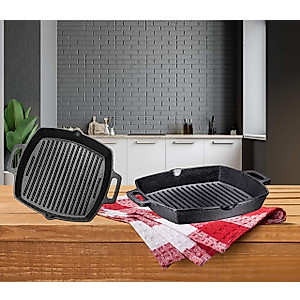 Bruntmor 13-Inch Cast Iron Grill Pan Pre-Seasoned Cast Iron Pan for Stovetop and Outdoor Use - Induction Compatible Griddle Cookware with Ridges for Steak, Meats, and Vegetables