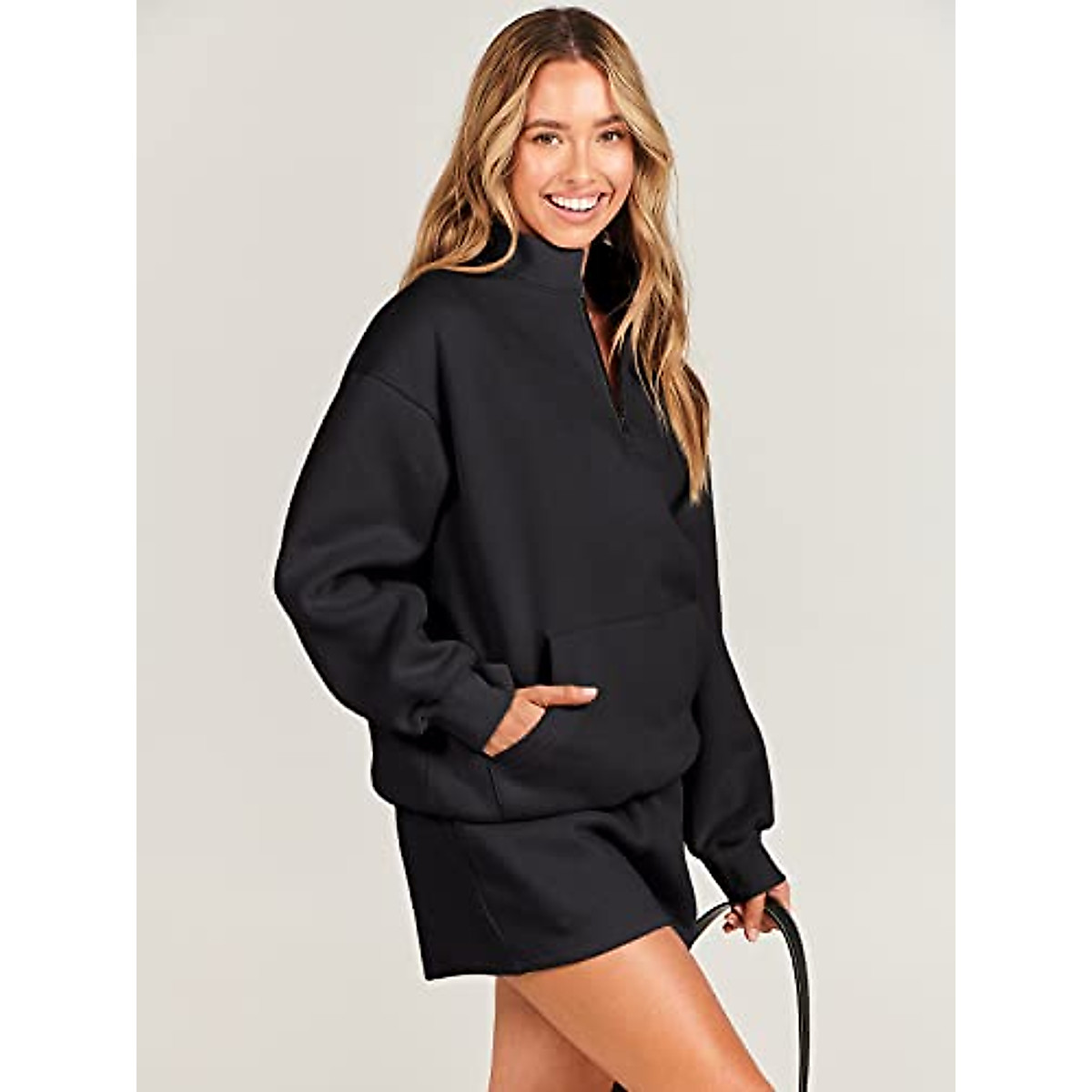 ANRABESS Women 2 Piece Outfits Fall Clothes Set Sweatsuit Oversized Half Zip Fleece Sweatshirt Casual Short Set Lounge Wear Tracksuit Set 2023 Trendy Sweat Set 1030heise-XL