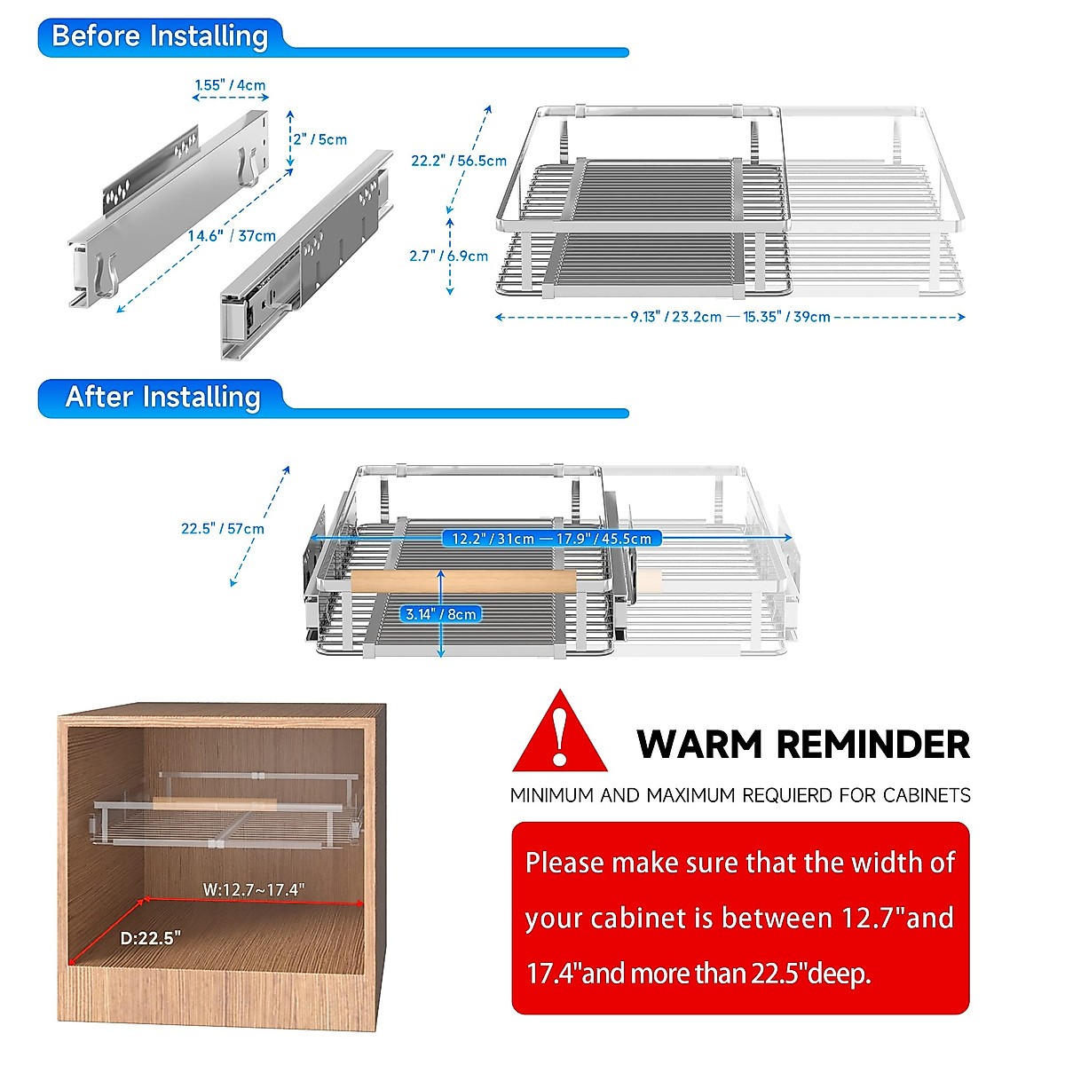 Pull Out Cabinet Organizer, 12.2~17.9"W x 22.5"D Expandable Pull Out Shelves for Kitchen Cabinets, Heavy Duty Metal Slide Out Pantry Shelves Sliding Shelf for Home Kitchen,Under Sink,Bathroom,Wardrobe