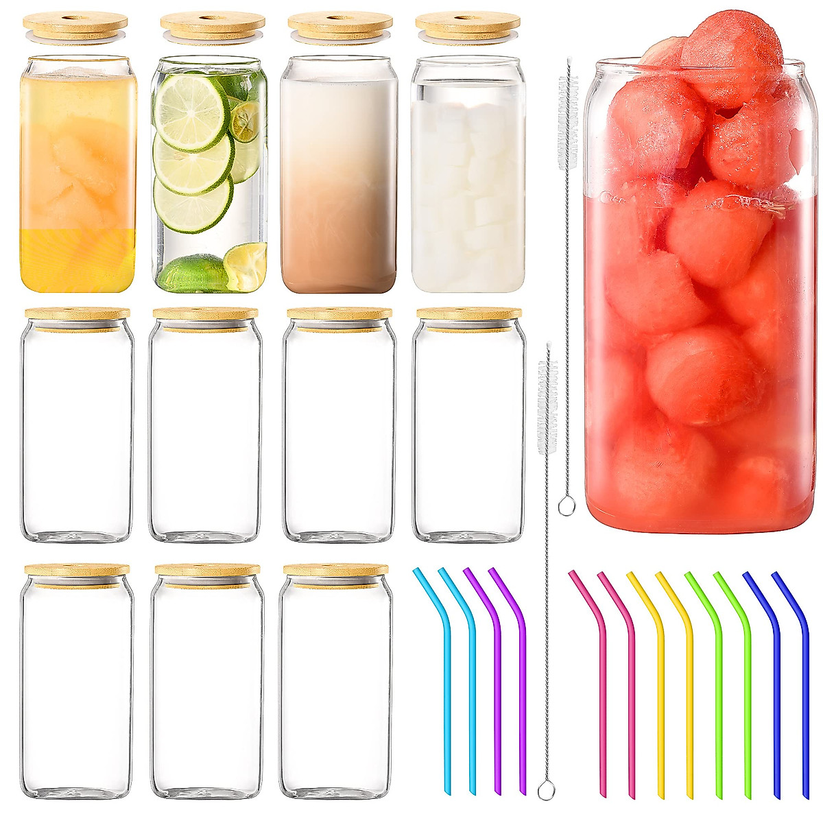 AJARAERA 16 oz Glass Cups with Lids and Straws,Beer Glasses,Iced Coffee Cup, Glass Cups,Glass Cup Set of 12