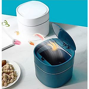 Plastic Mini Trash Can with Lid - 2 L Pop Up Wastebasket for Bathroom Vanity, Desktop, Tabletop or Coffee Table - Dispose of Cotton Rounds, Makeup Sponges, Tissues (Grey)