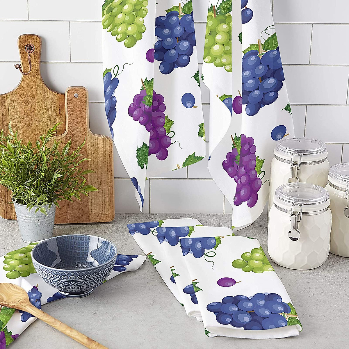Big buy store Farm Grape Kitchen Dish Towels Set of 2, Soft Lightweight Microfiber Absorbent Hand Towel Purple Green Fruit Tea Towel for Kitchen Bathroom 18x28in