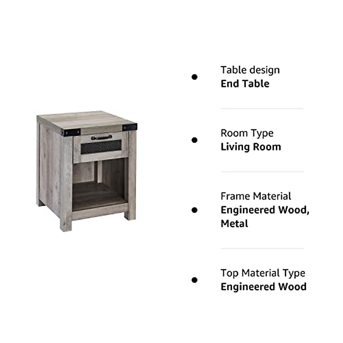 ROCKPOINT End Table with Industrial Style Drawer, Grey Wash