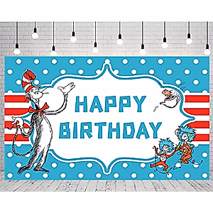Blue Backdrop for Birthday Party Decorations Dr Seuss Background for Baby Shower Party Cake Table Decorations Supplies Cat in The Hat Theme Banner 5x3ft